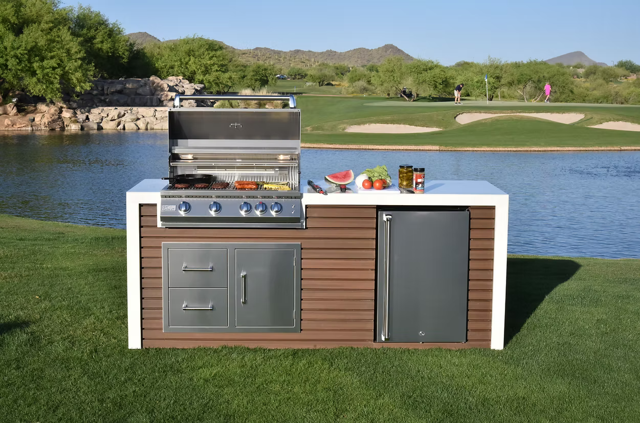 Professional Shiplap Outdoor Kitchen KoKoMo Grill With Waterfall Edge ...